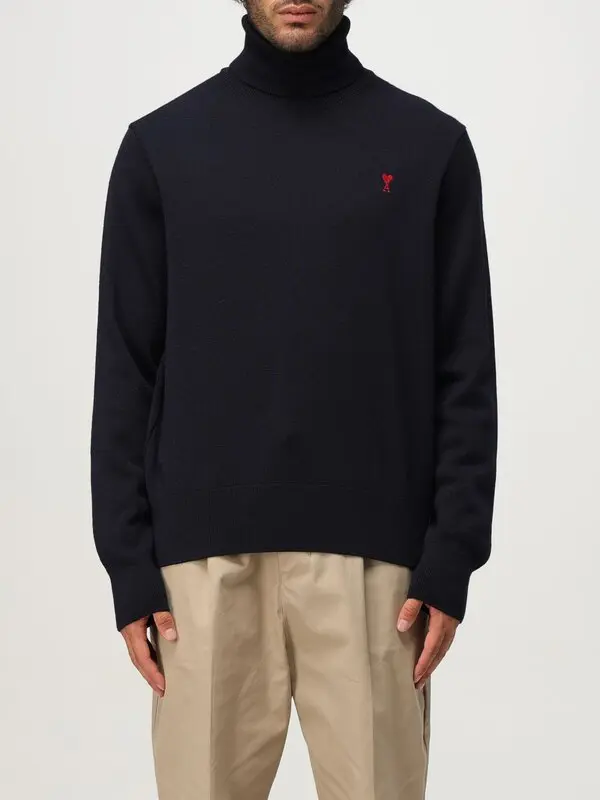 AMI Paris Merino Wool Turtleneck Sweater With Embroidered Logo - Blue