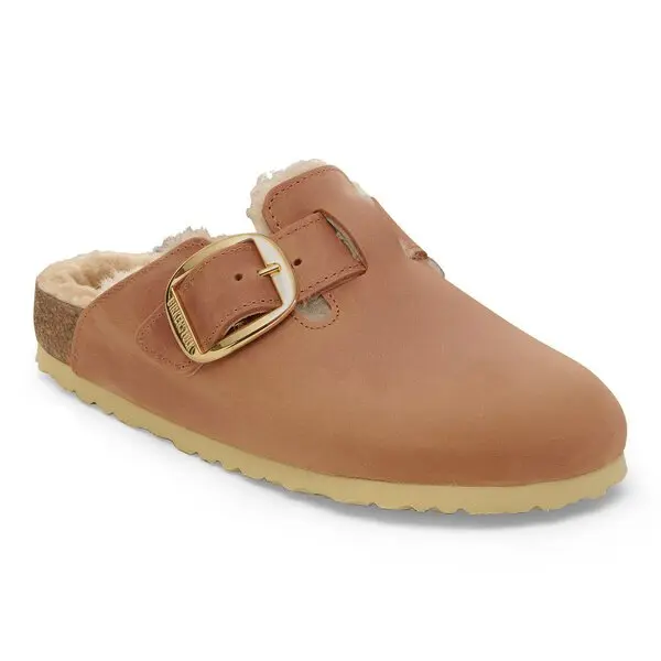BIRKENSTOCK Boston Big Buckle Shearling Natural Leather Clogs - Cognac