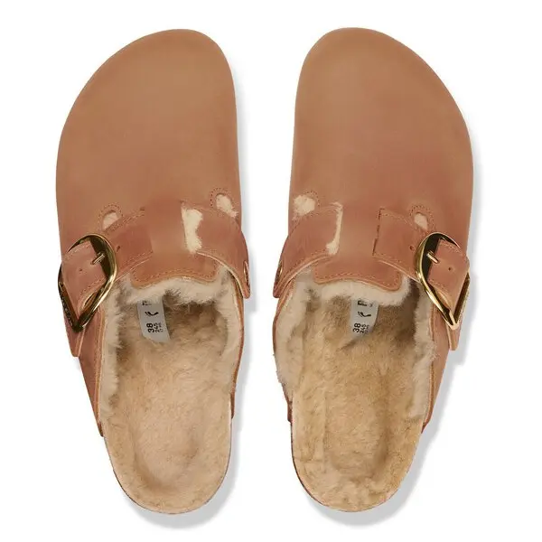 BIRKENSTOCK Boston Big Buckle Shearling Natural Leather Clogs - Cognac