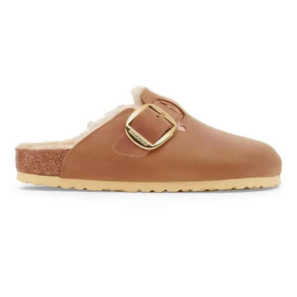BIRKENSTOCK Boston Big Buckle Shearling Natural Leather Clogs - Cognac