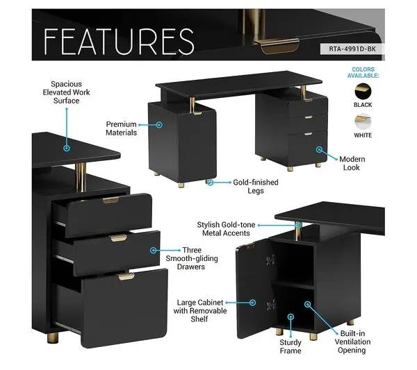 TECHNI MOBILI Elegant 3-drawer Executive Desk W Ith Cabinet