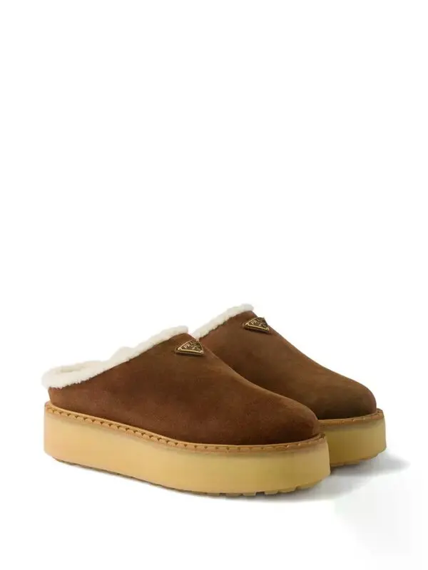 Prada Shearling-lined Suede Mules - Brown