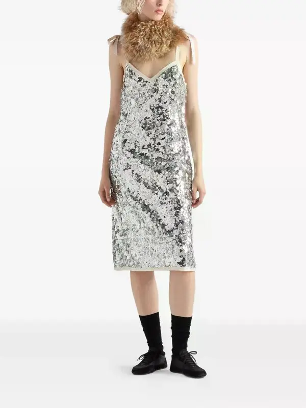 Prada Ribbon-strap Sequin Dress - Silver