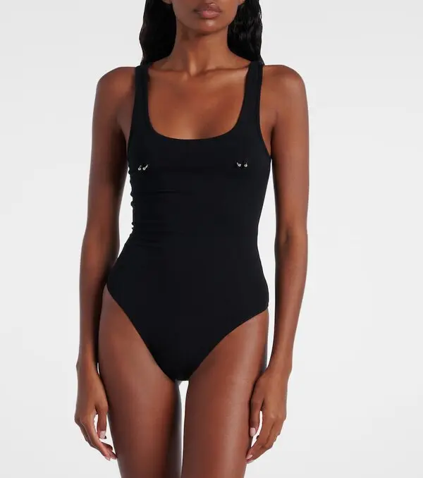 MUGLER Embellished Cotton-blend Bodysuit - Black