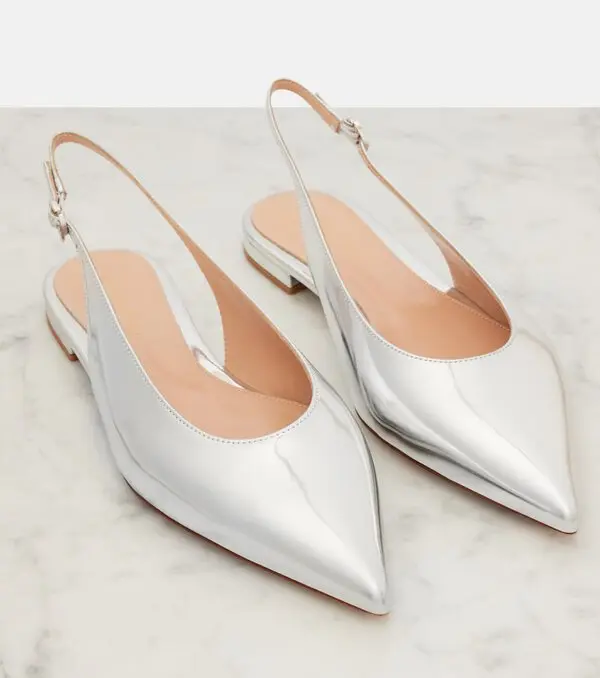 GIANVITO ROSSI Robbie Metallic Leather Slingback Flats - Silver