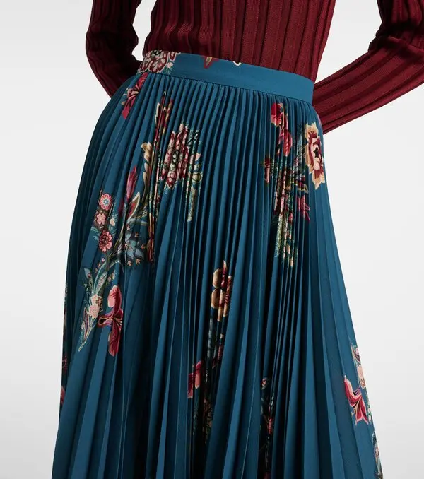 Etro Floral Plissé High-rise Midi Skirt - Blue