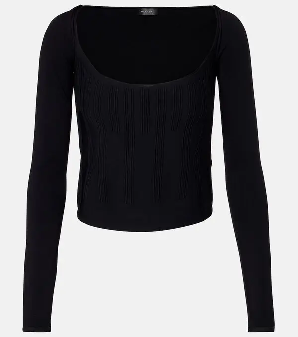 MUGLER Ribbed Knit Top - Black