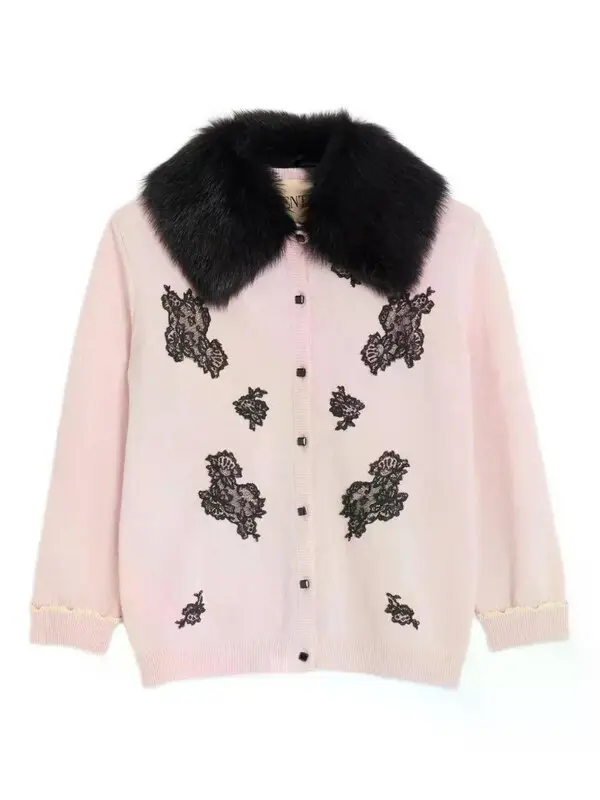 Valentino Garavani Lace-embellished Shearling-collar Cardigan - Pink