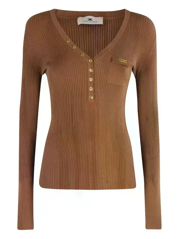 Elisabetta Franchi Ribbed Button-placket Top - Brown