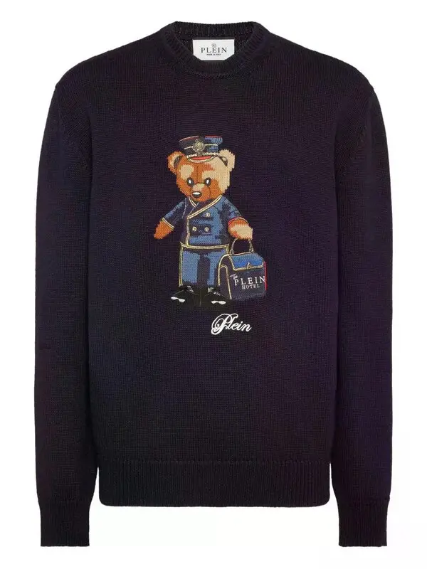 Philipp Plein Teddy Bear Embroidered Wool Sweater - Blue