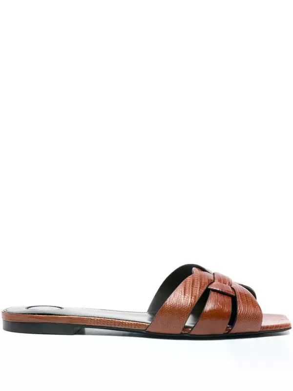 Saint Laurent Woven Leather Flat Sandals - Brown