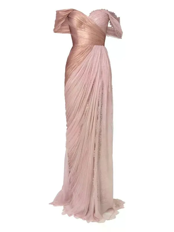 IRIS SERBAN Pleated Metallic Lace Maxi Dress