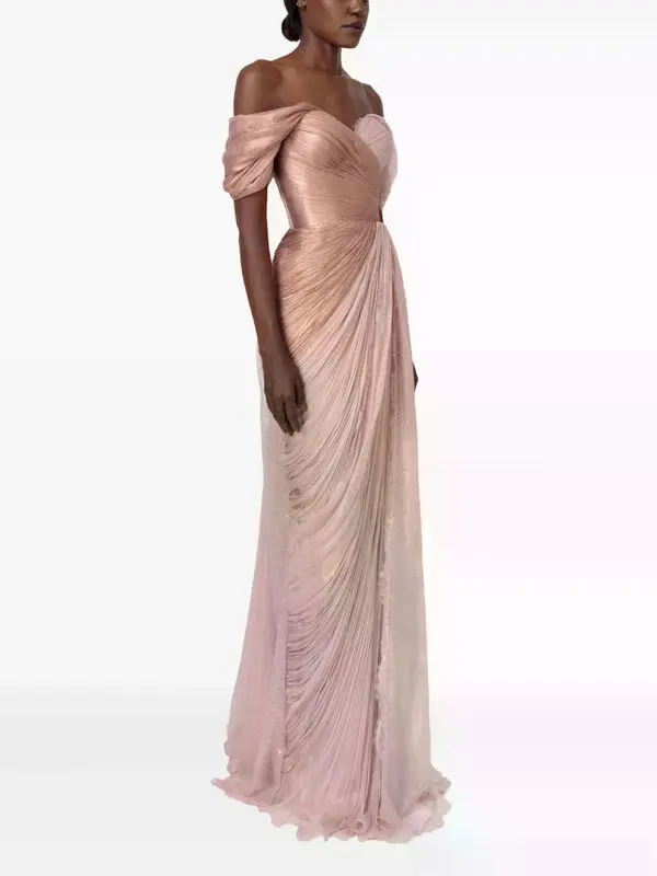 IRIS SERBAN Pleated Metallic Lace Maxi Dress
