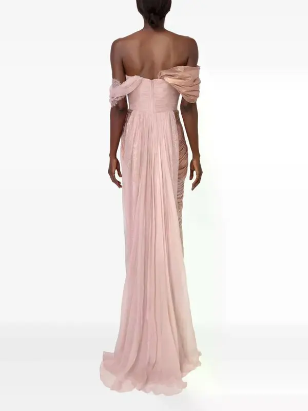 IRIS SERBAN Pleated Metallic Lace Maxi Dress