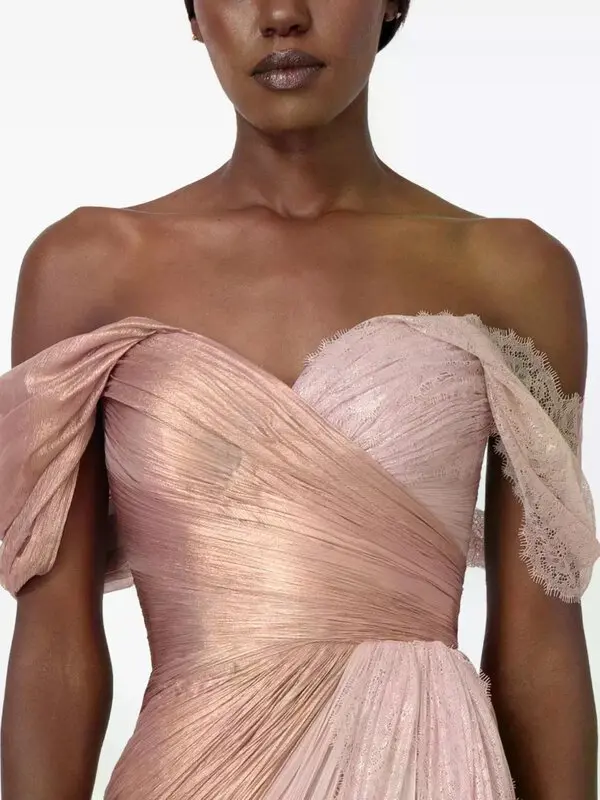IRIS SERBAN Pleated Metallic Lace Maxi Dress