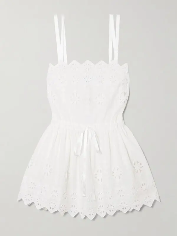 Miguelina Brielle Rhombus Embroidered Scalloped Poplin Mini Dress - White