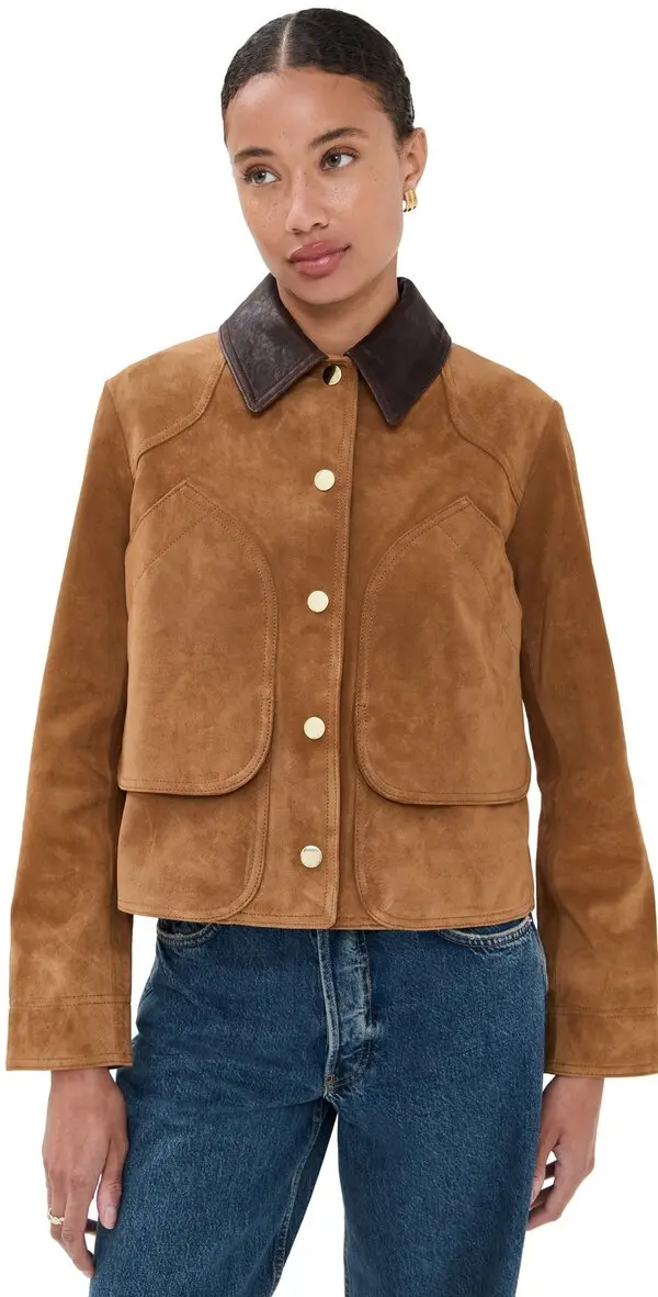 Veronica Beard Walters Cropped Leather Barn Jacket - Whisky