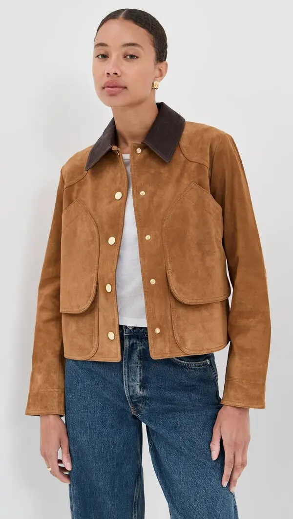 Veronica Beard Walters Cropped Leather Barn Jacket - Whisky