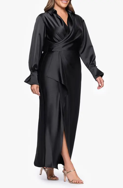 XSCAPE EVENINGS Collar Long Sleeve Satin Gown - Black