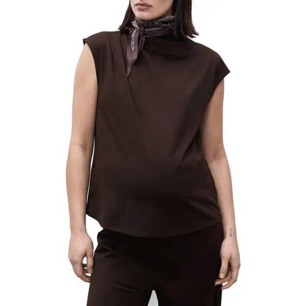 Mango Draped Neck Sleeveless T-shirt - Chocolate