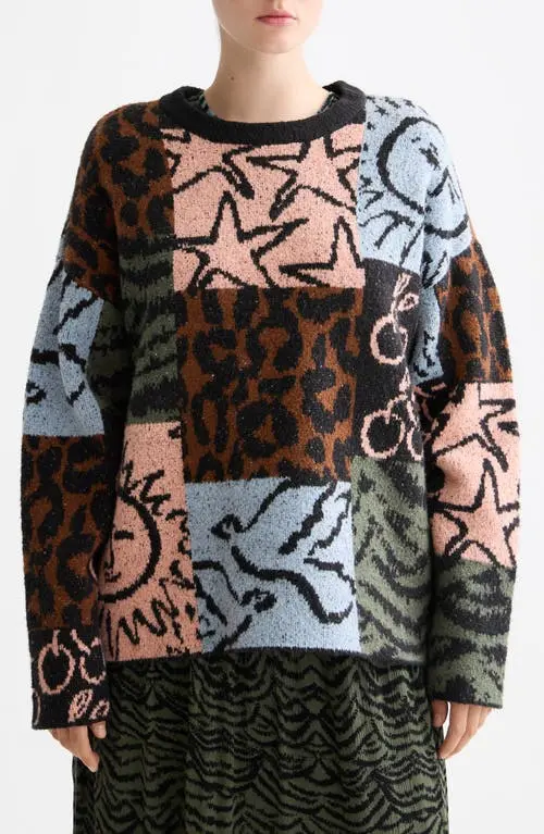 Scotch & Soda Oversize Jacquard Pullover Sweater - Leopard Patchwork Jacquard