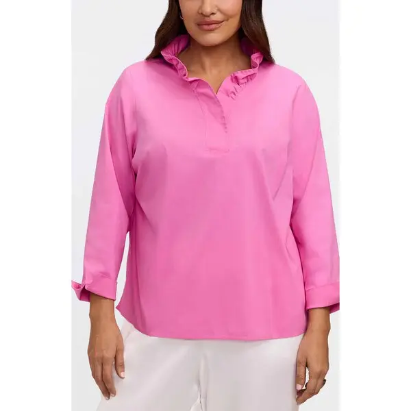 Foxcroft Tammy Ruffle Collar Cotton Blend Top - Guava Pink