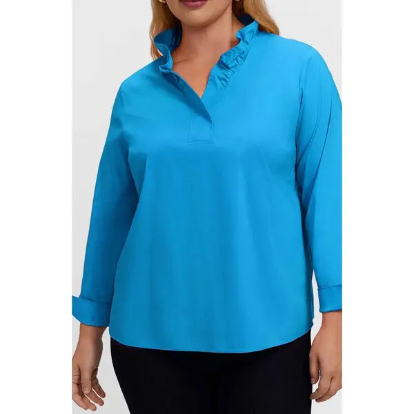 Foxcroft Tammy Ruffle Collar Cotton Blend Top - Malibu