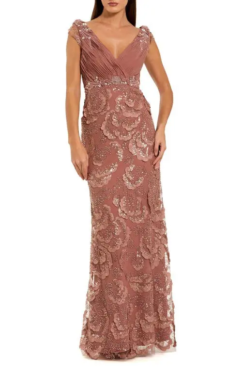Mac Duggal Floral Beaded Chiffon V-neck Gown - Rose