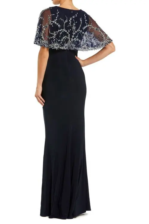 Mac Duggal Fitted Jersey Embellished Cape Gown