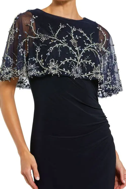 Mac Duggal Fitted Jersey Embellished Cape Gown