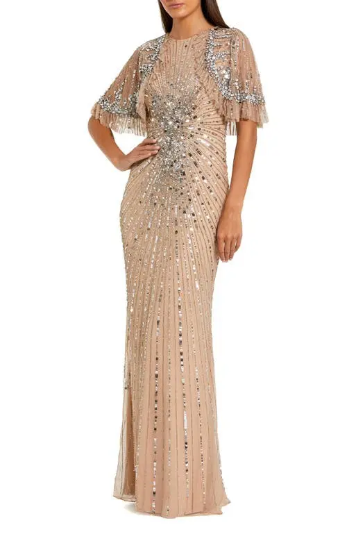 Mac Duggal Beaded Mesh Fitted Capelet Gown