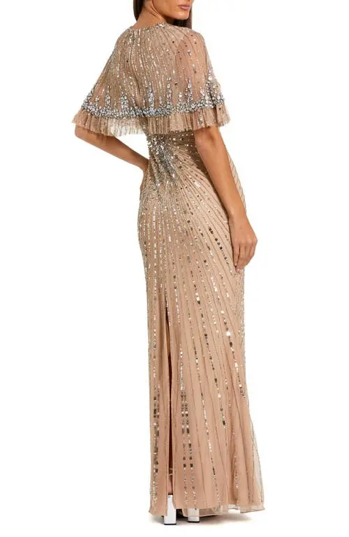Mac Duggal Beaded Mesh Fitted Capelet Gown