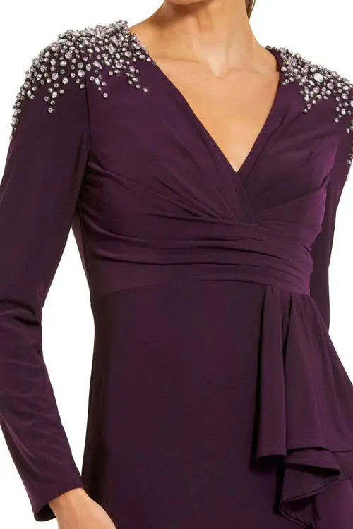 Mac Duggal Long Sleeve Gown With Rhinestone Embellished Shoulders And Cascading Ruffle Slit