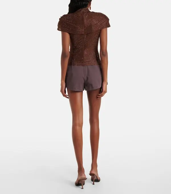 SELF-PORTRAIT Crystal-embellished Draped Mesh Top