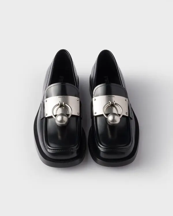 Prada Brushed Leather Loafers With Metal Ring