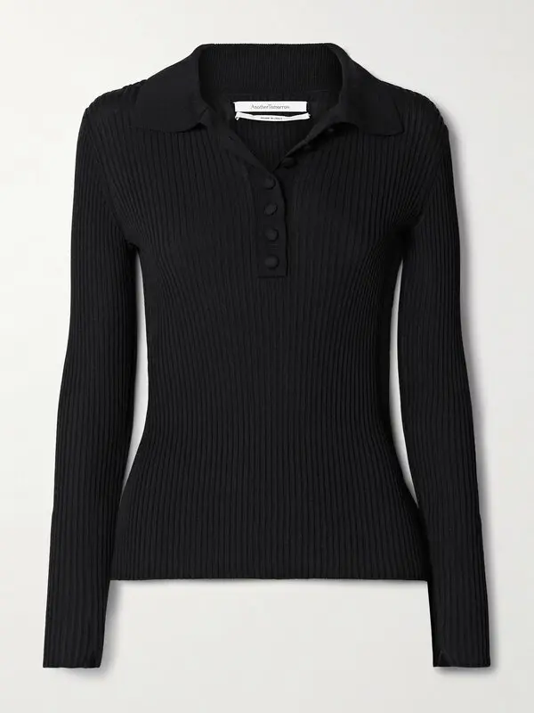 Another Tomorrow Ribbed-knit Polo Sweater