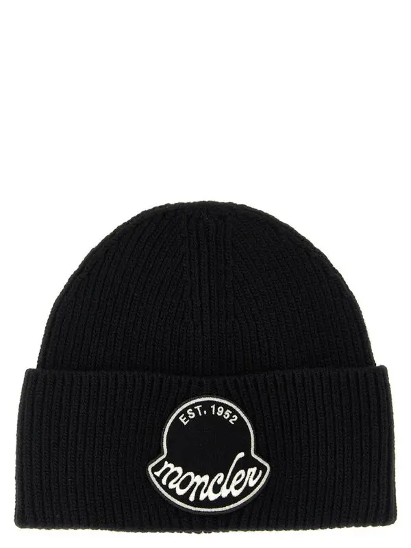 Moncler Logo Patch Virgin Wool Beanie - Black
