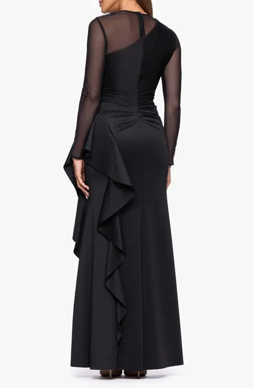 XSCAPE EVENINGS Mesh Long Sleeve Ruffled Scuba Gown