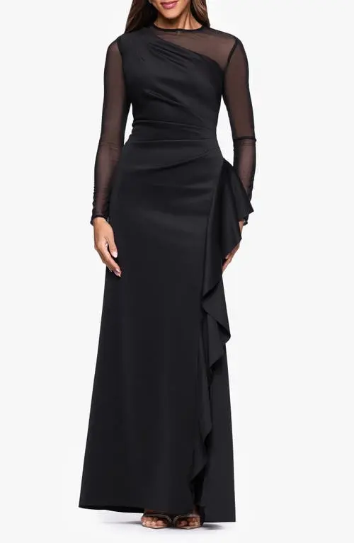 XSCAPE EVENINGS Mesh Long Sleeve Ruffled Scuba Gown