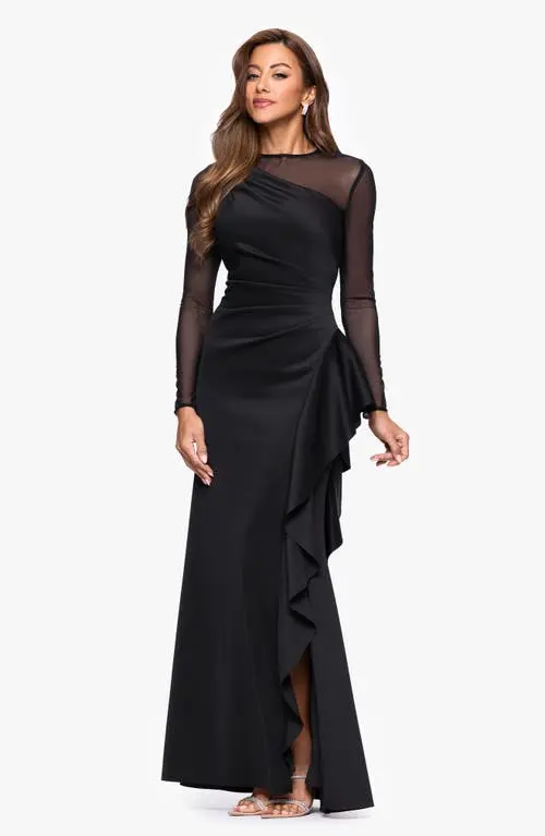 XSCAPE EVENINGS Mesh Long Sleeve Ruffled Scuba Gown