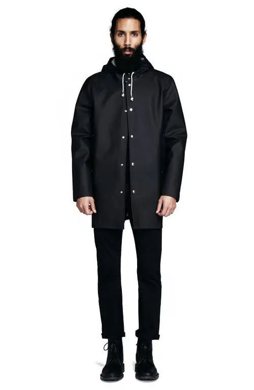 Stutterheim Stockholm Long Sleeve Hooded Raincoat - Black