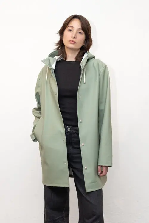 Stutterheim Stockholm Long Sleeve Hooded Raincoat - Khaki Green