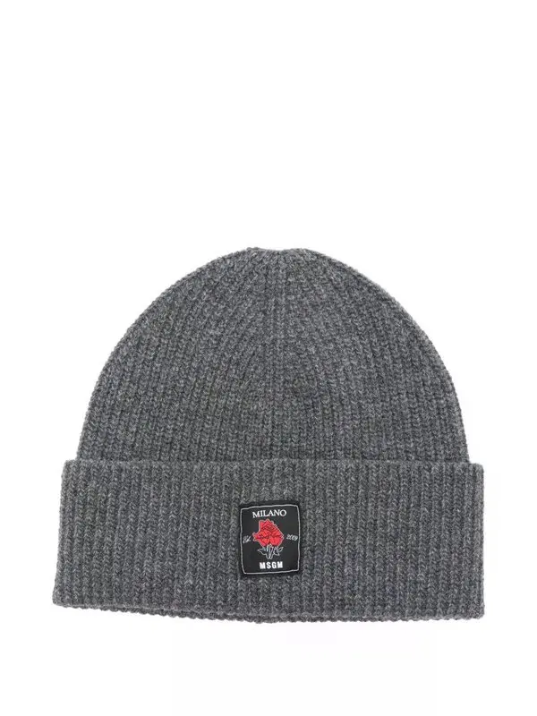 MSGM Ribbed Beanie With Rose Patch - Grey