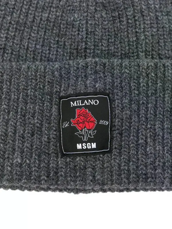 MSGM Ribbed Beanie With Rose Patch - Grey