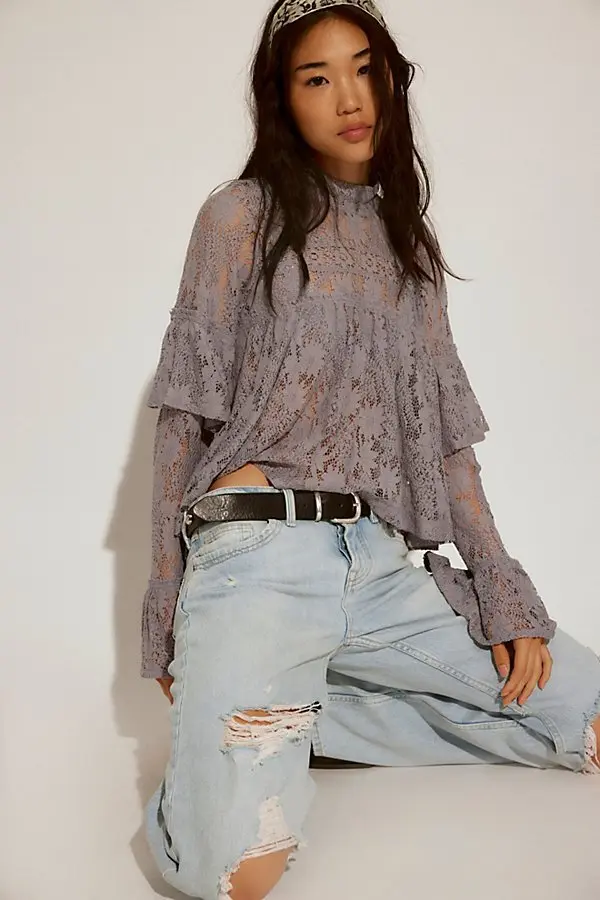 Free People Lilabeth Lace Blouse - Purple Ash