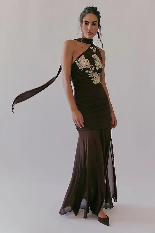 SAEMDI Embroidered One-shoulder Dress - Chocolate