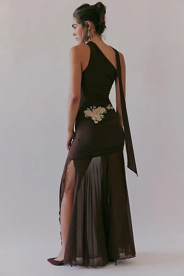 SAEMDI Embroidered One-shoulder Dress - Chocolate