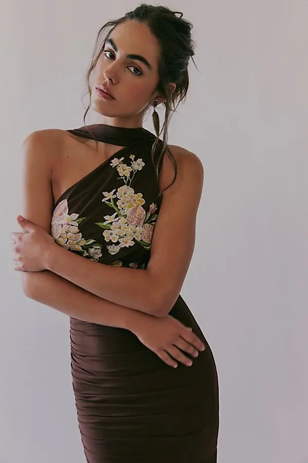 SAEMDI Embroidered One-shoulder Dress - Chocolate