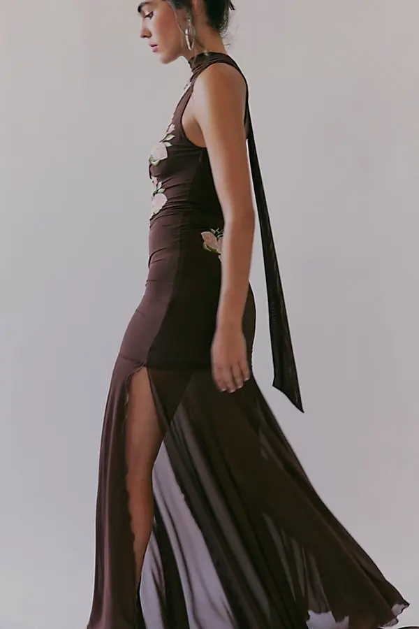 SAEMDI Embroidered One-shoulder Dress - Chocolate