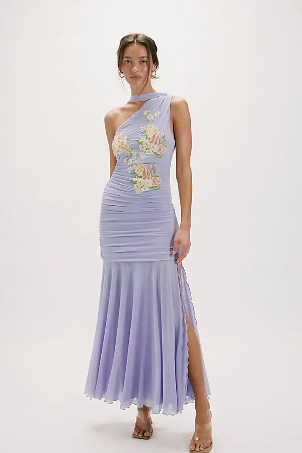 SAEMDI Embroidered One-shoulder Dress - Lilac